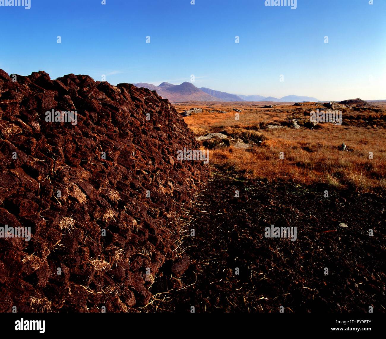 Stack Of Peat On A Landscape, Roundstone Bog, Connemara, County Galway ...
