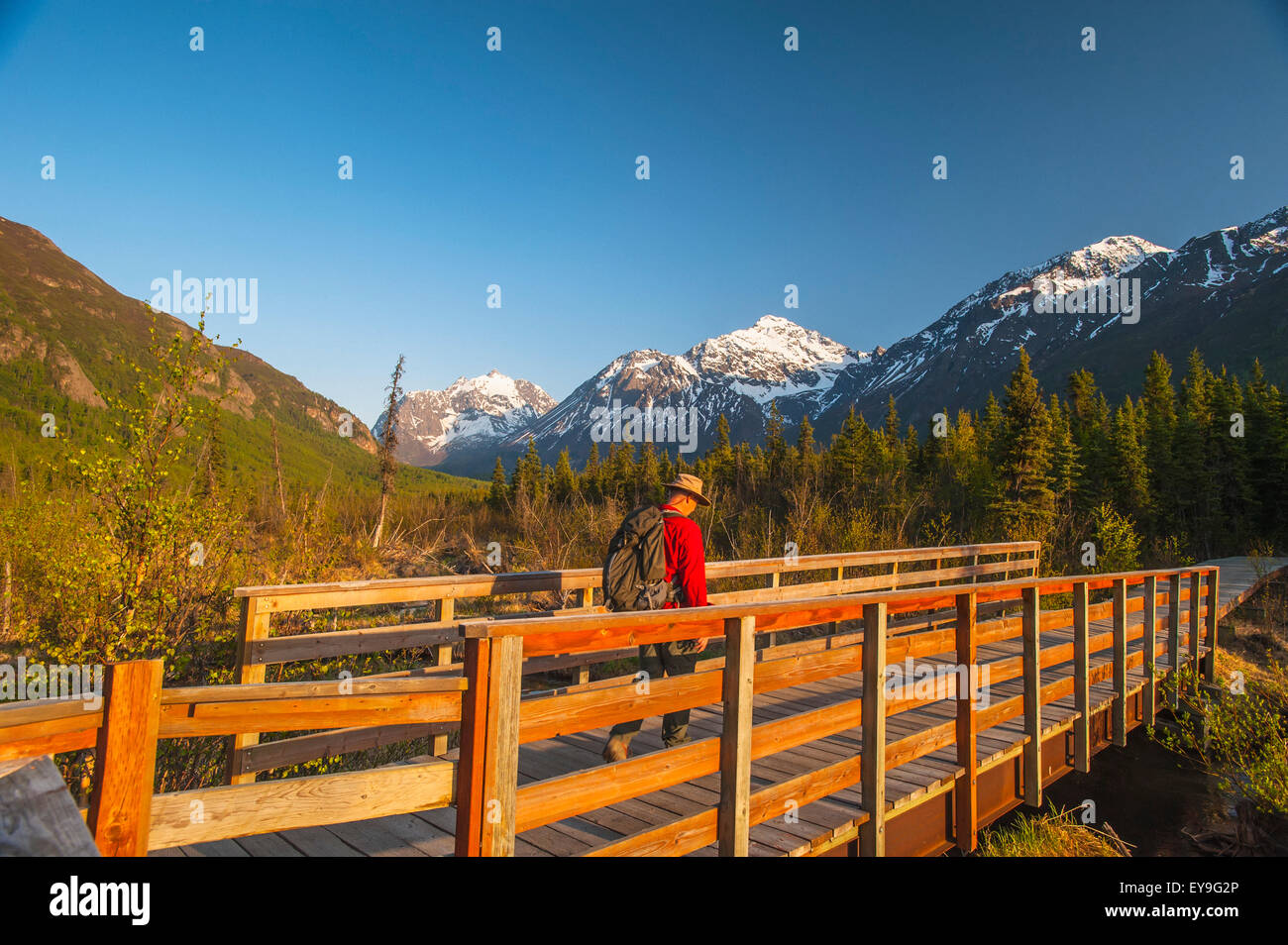 Male visitor walking on a foot bridge on a walk in the Eagle River ...