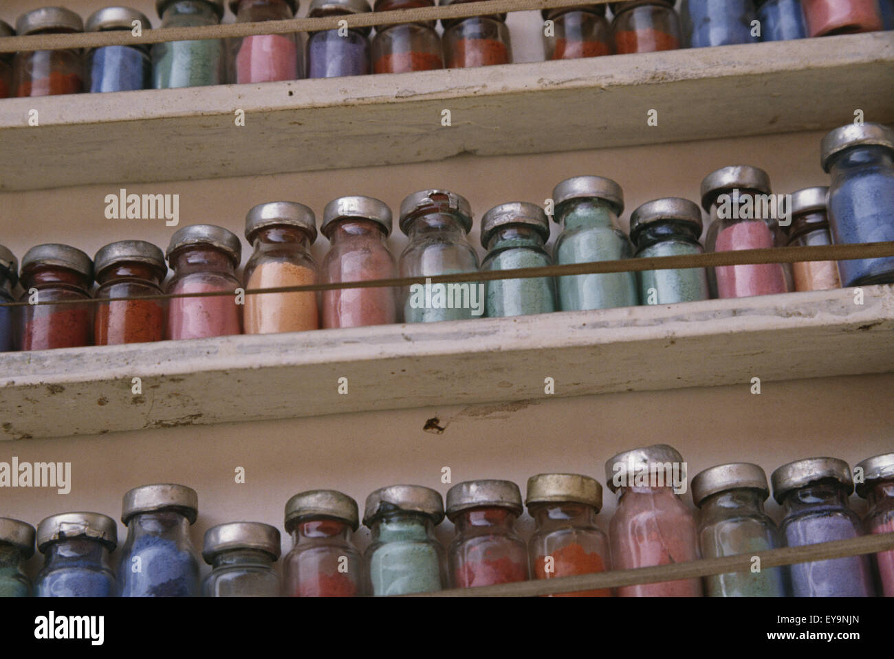 Jars Of Colored Dyes In Bottles On Shelves Stock Photo - Alamy