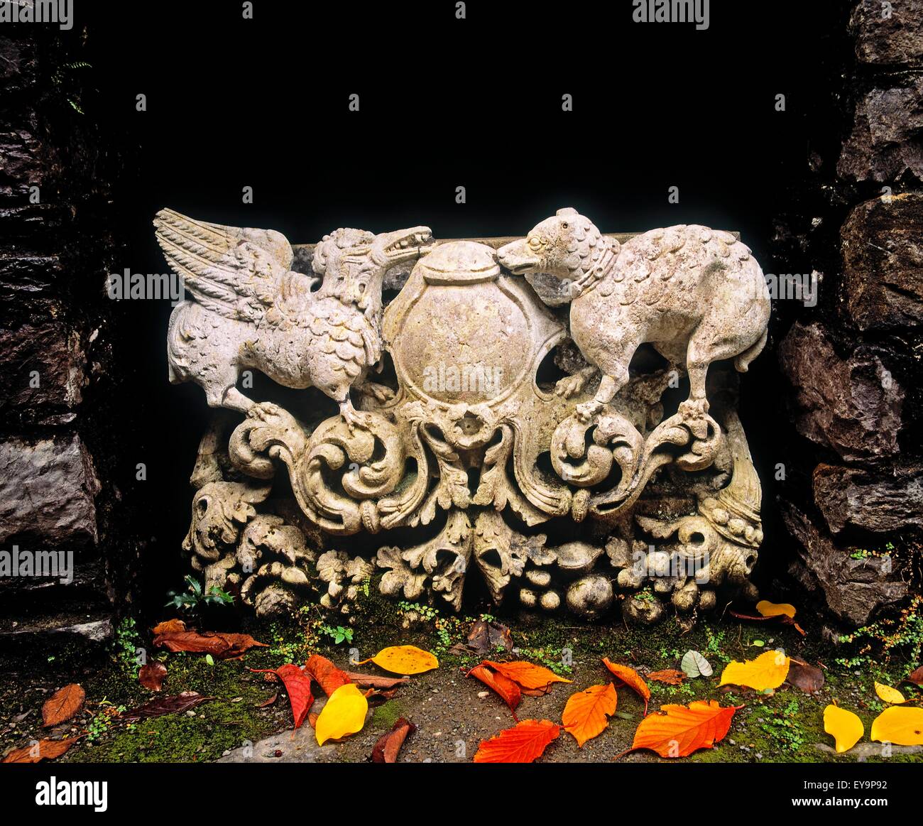 Medieval stone carving in a walled garden hi-res stock photography and ...