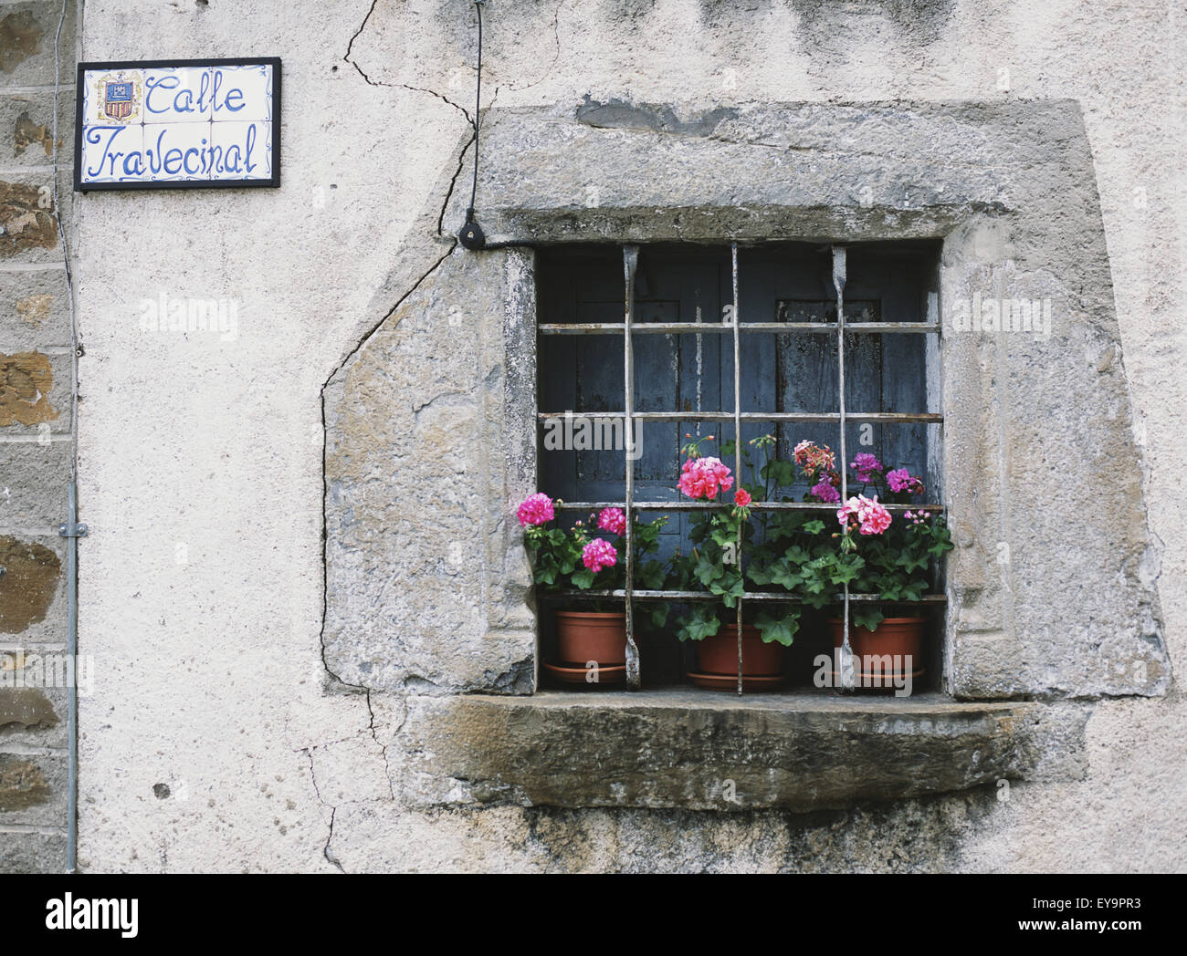 Geraniums In Window Of Old House In The Village Of Torla Stock Photo ...
