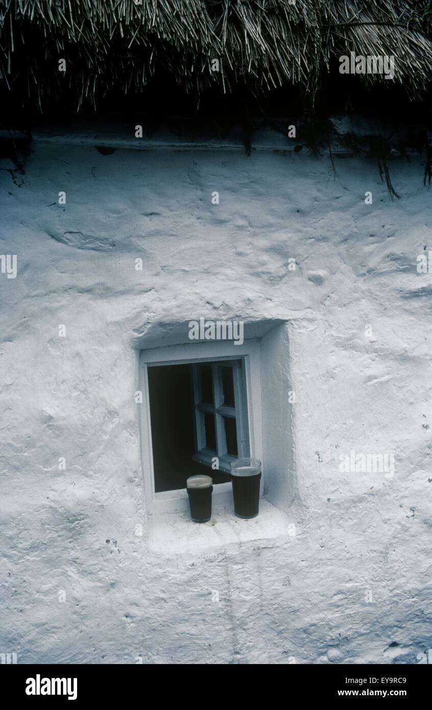 Two Glasses Of Beer In A Window Of A Pub, Thatch Pub, Inishmore, County ...