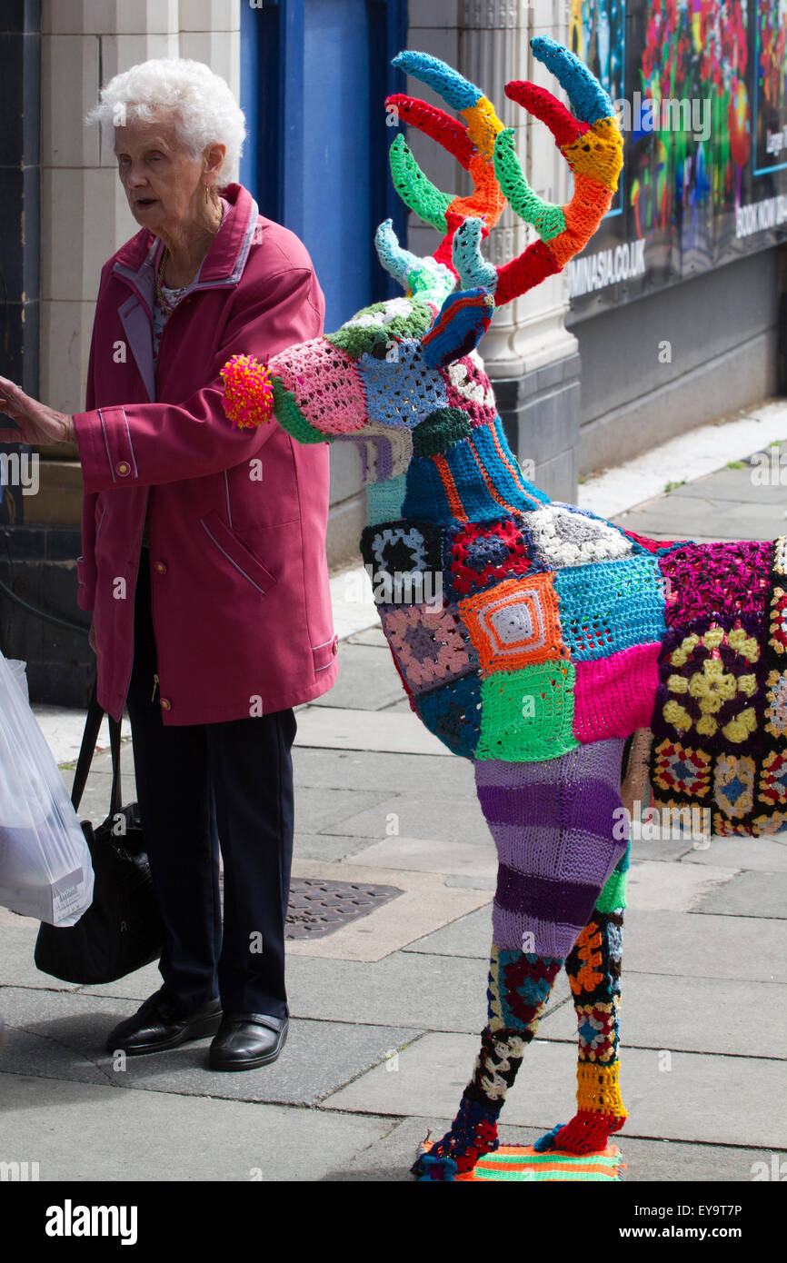 Decorated wire-framed deer, 'Yarn Bombed' & covered with crocheted wool ...