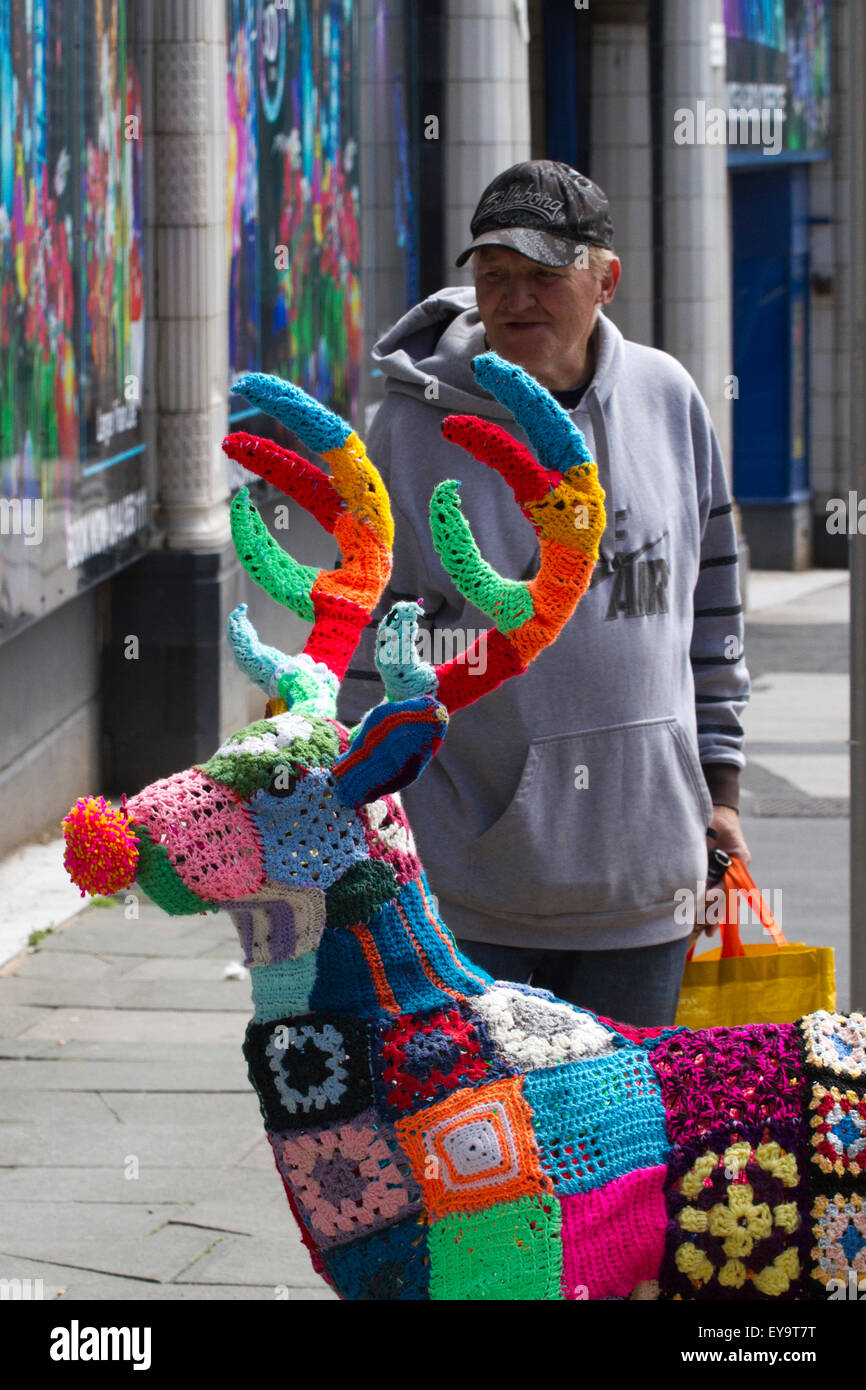 Decorated wire-framed deer, 'Yarn Bombed' & covered with crocheted wool ...