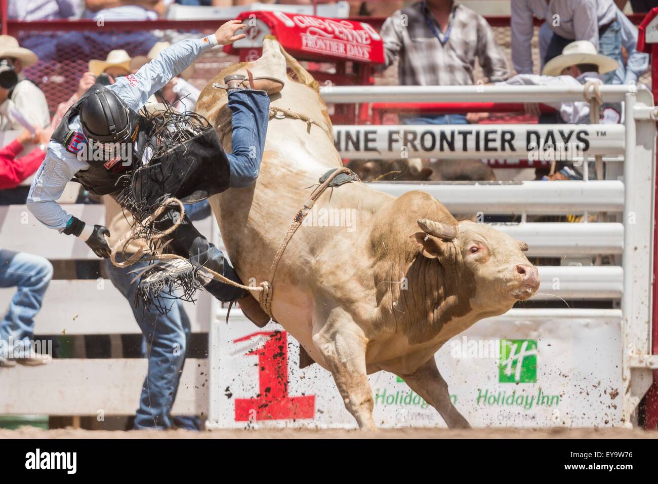Cheyenne, Wyoming, USA. 24th July, 2015. Bull rider Cody Teel is thrown ...