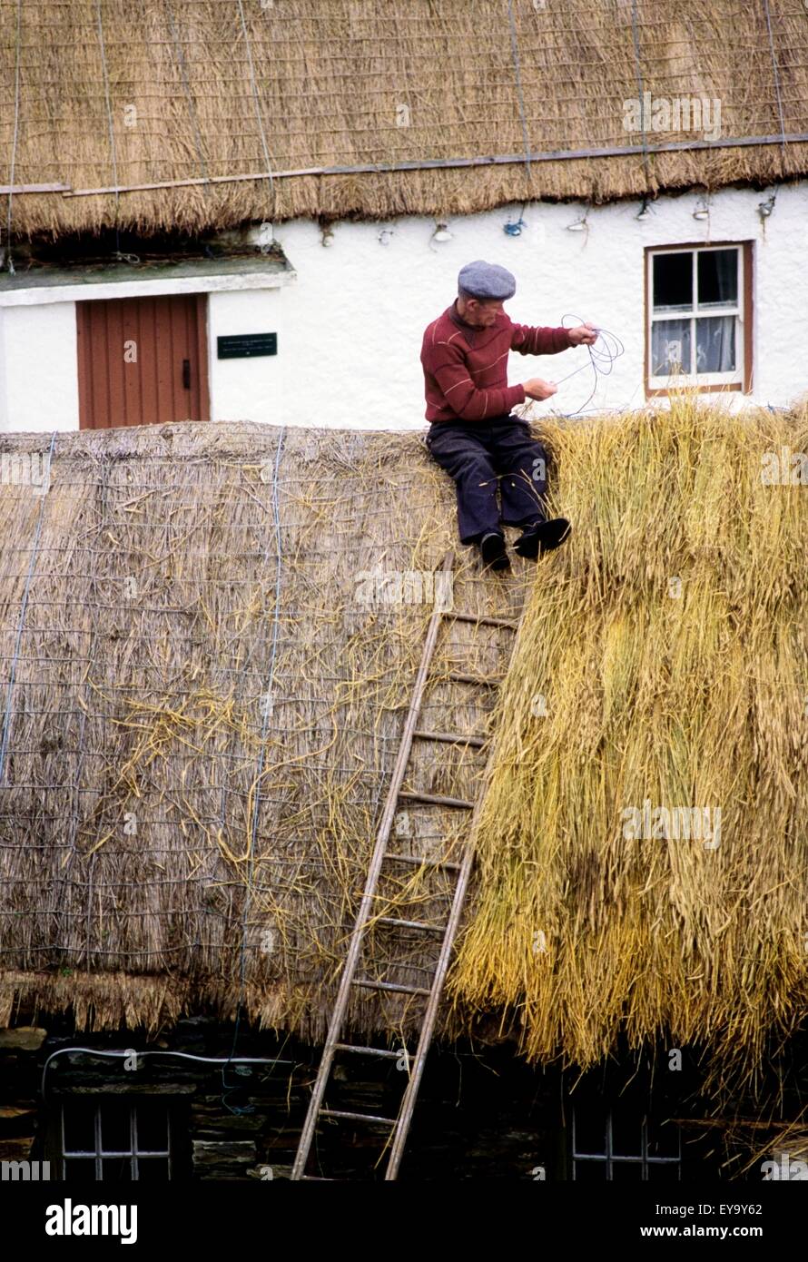 Ireland; Man Thatching A Roof Stock Photo - Alamy