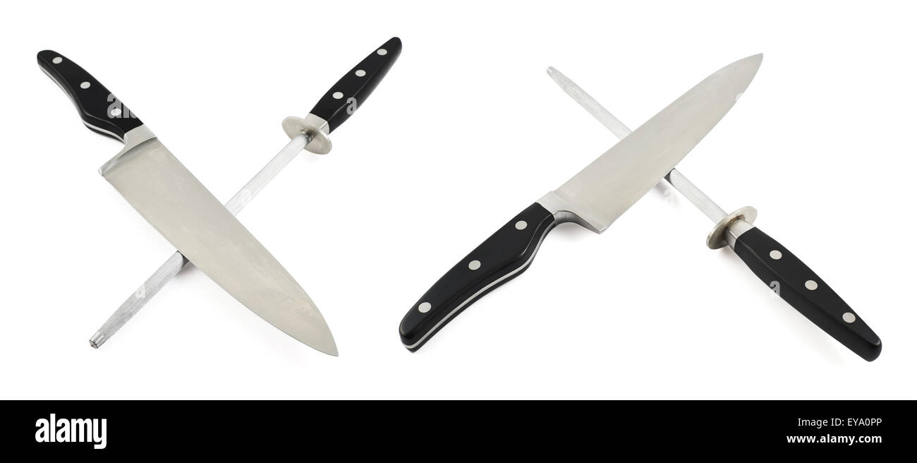 Crossed knife and sharpener isolated Stock Photo - Alamy