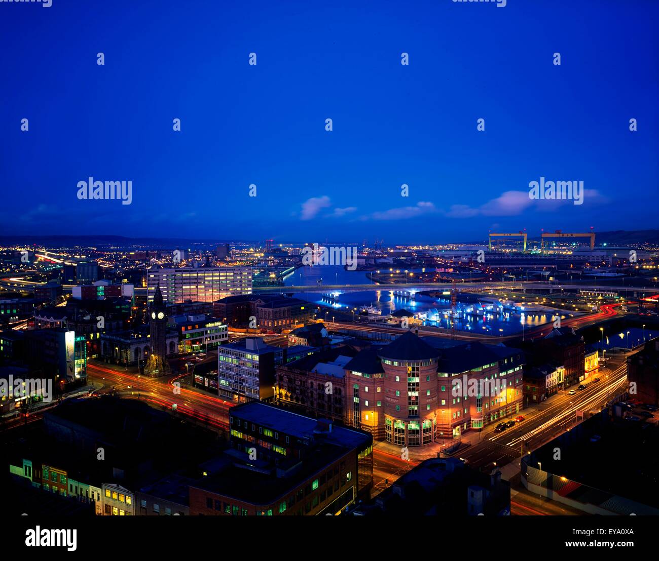 City Scape At Night, Belfast Lough & Docks, Co Antrim, Ireland Stock ...