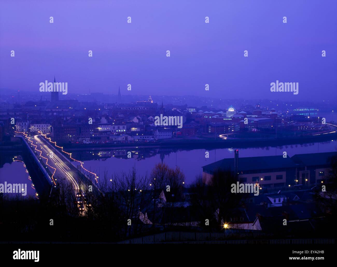 Co Derry, Craigavon Bridge With Lights, Showing Cathedral Spires Stock ...