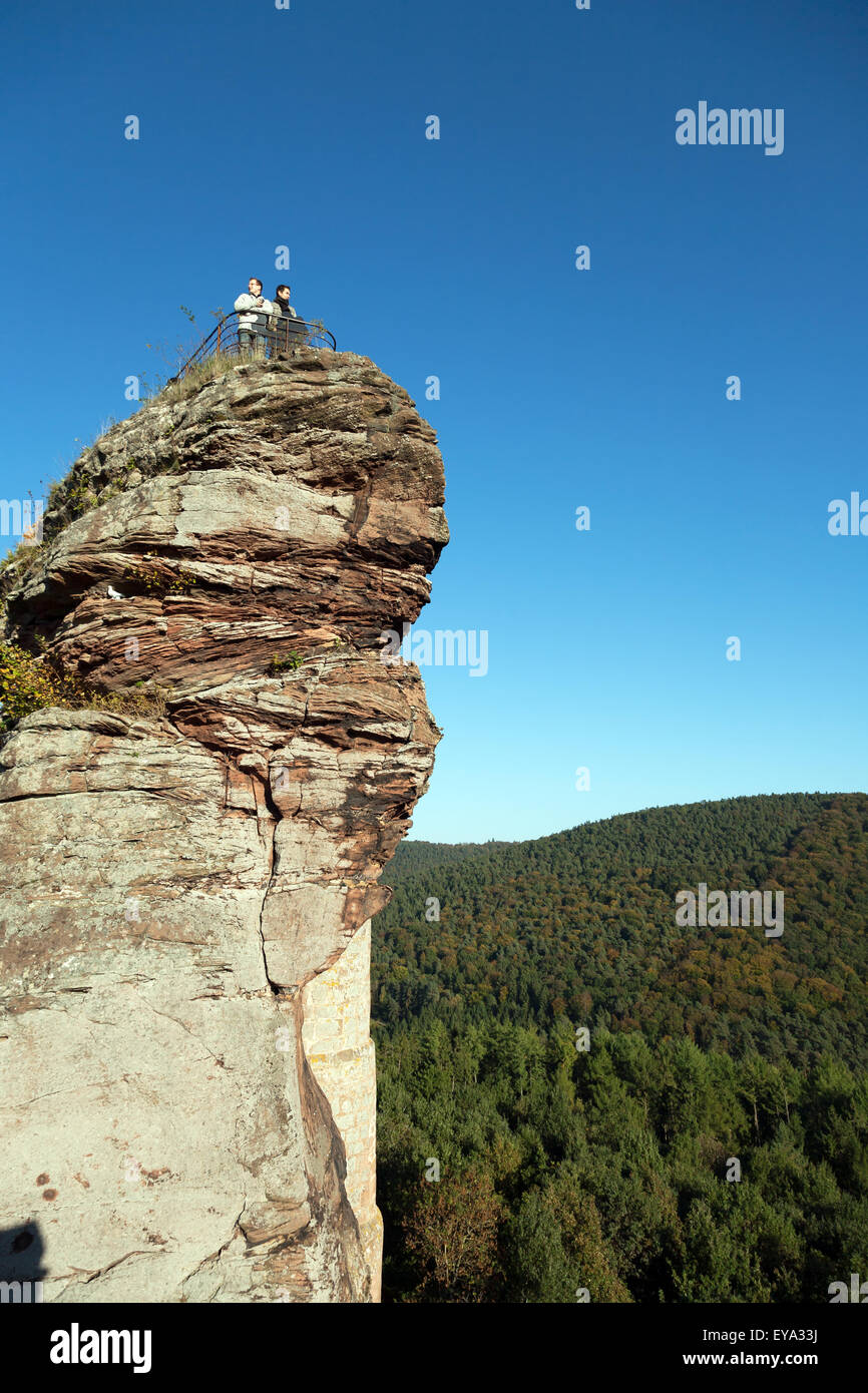 Lembach, France, visitors to a viewing platform of Fleckenstein castle ...
