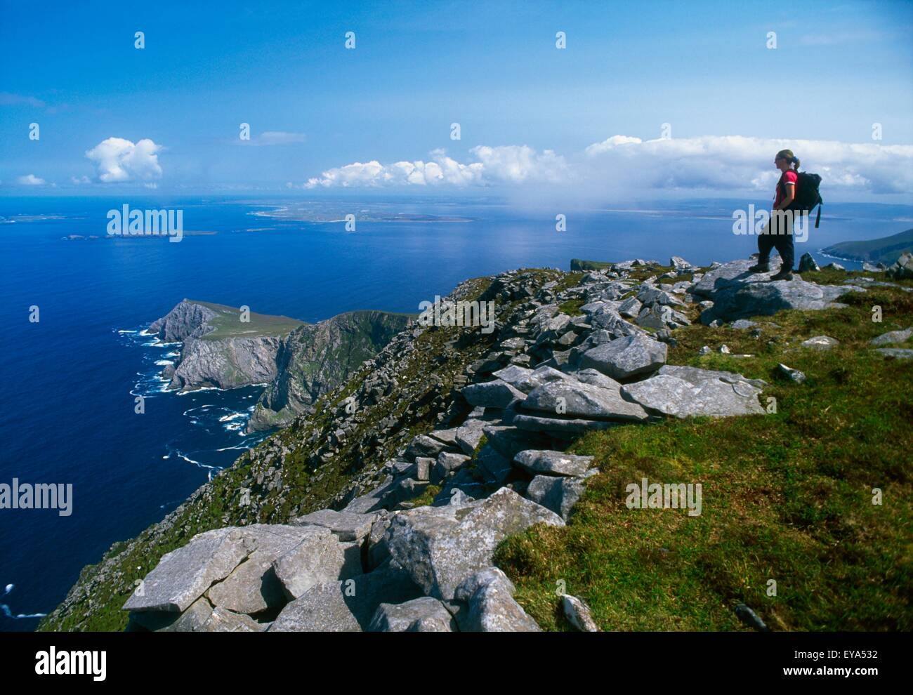 Croaghaun Mountain, Achill Island, County Mayo, Ireland; Hiker Enjoying ...