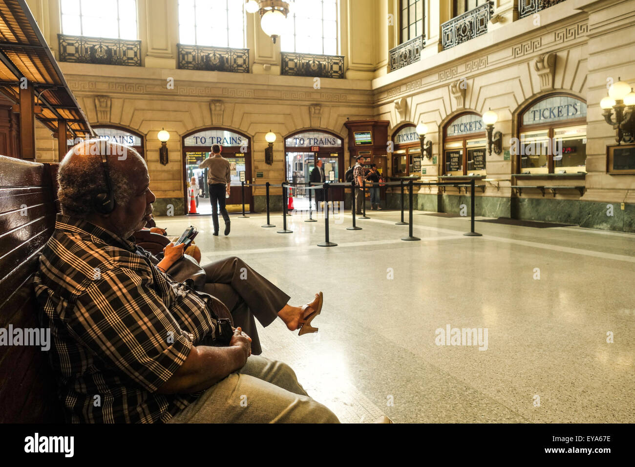 Older African american man waiting Erie Lackawanna Hoboken, historic ...