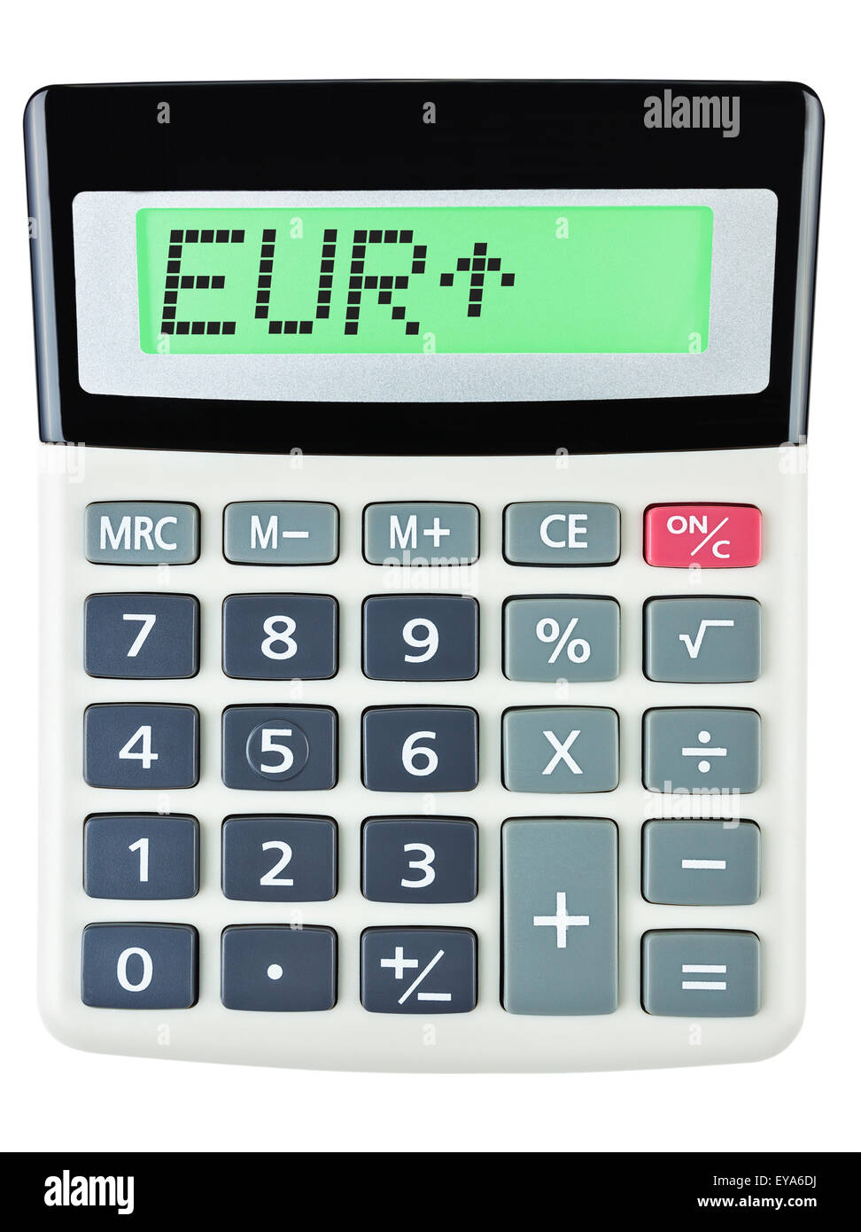 Calculator with EUR on display on white background Stock Photo - Alamy