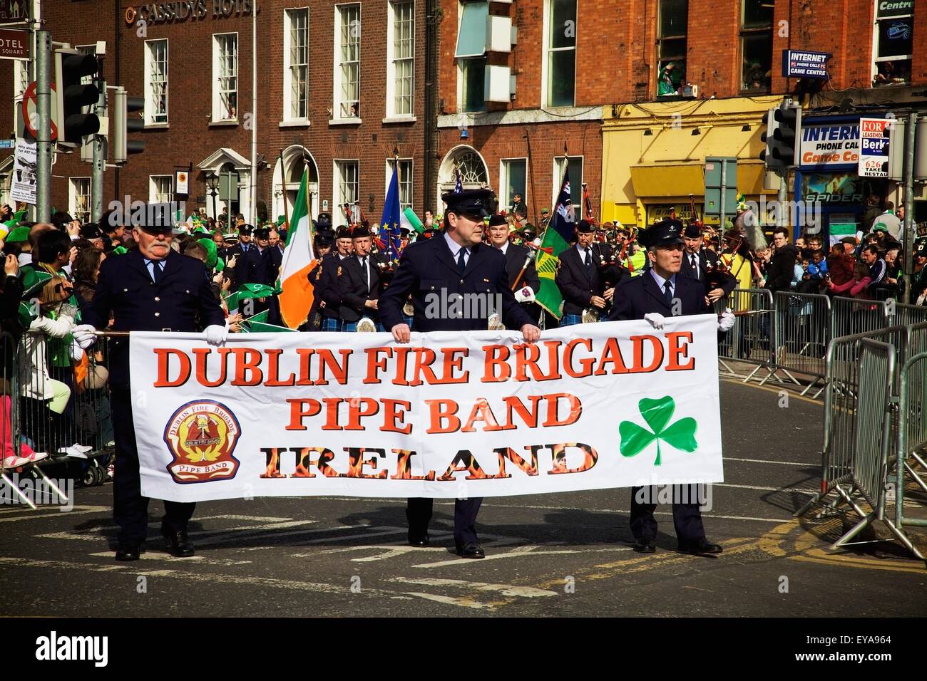 Dublin, Ireland; Men Holding A Sign 'dublin Fire Brigade Pipe Band ...