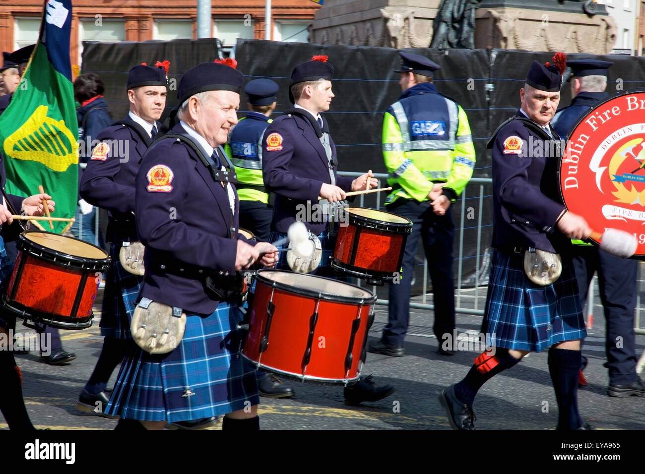 Dublin, Ireland; The Dublin Fire Brigade Pipe Band Playing Drums As ...