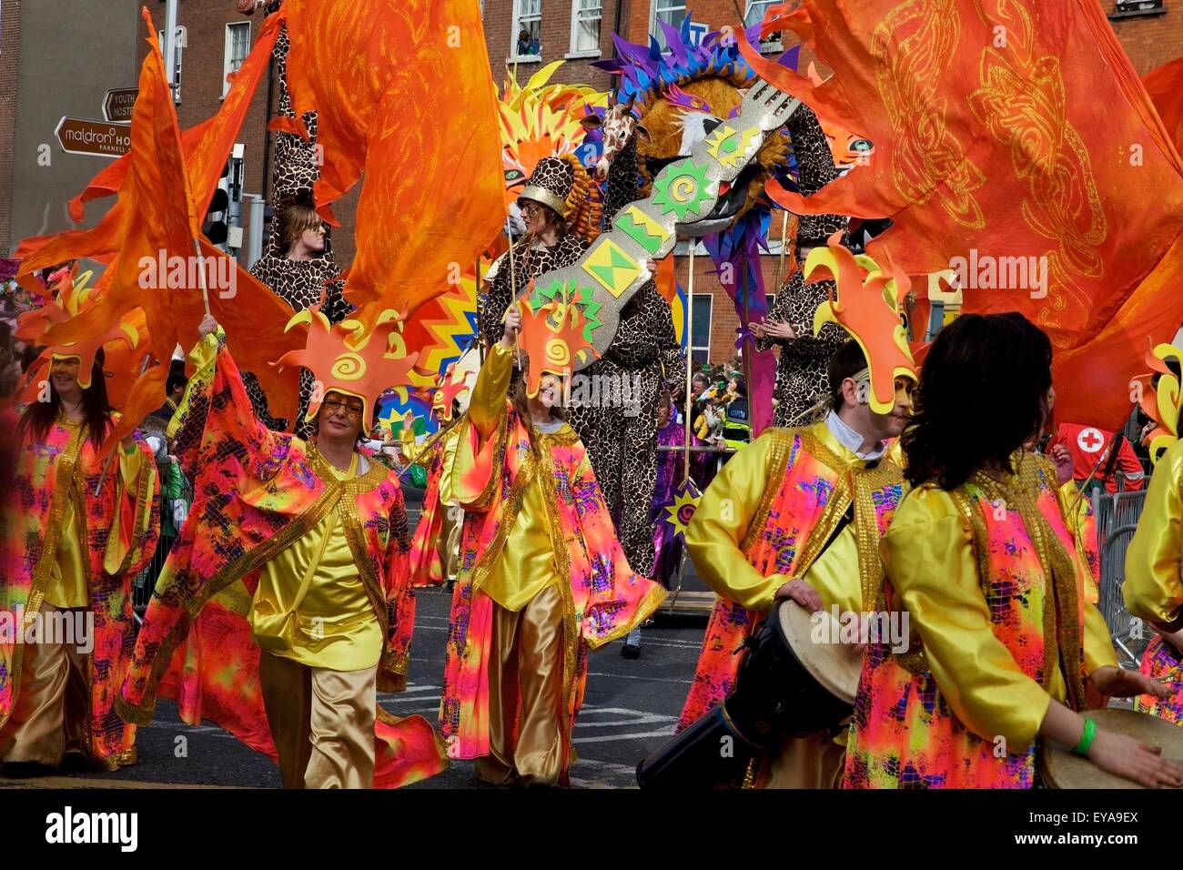 Dublin, Ireland; People In Costumes In A Parade On O'connell Street ...