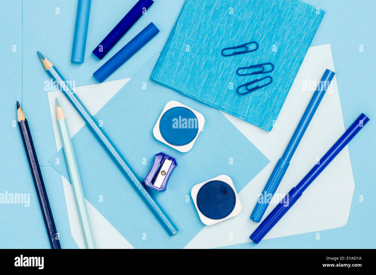 group of blue color school supplies Stock Photo - Alamy