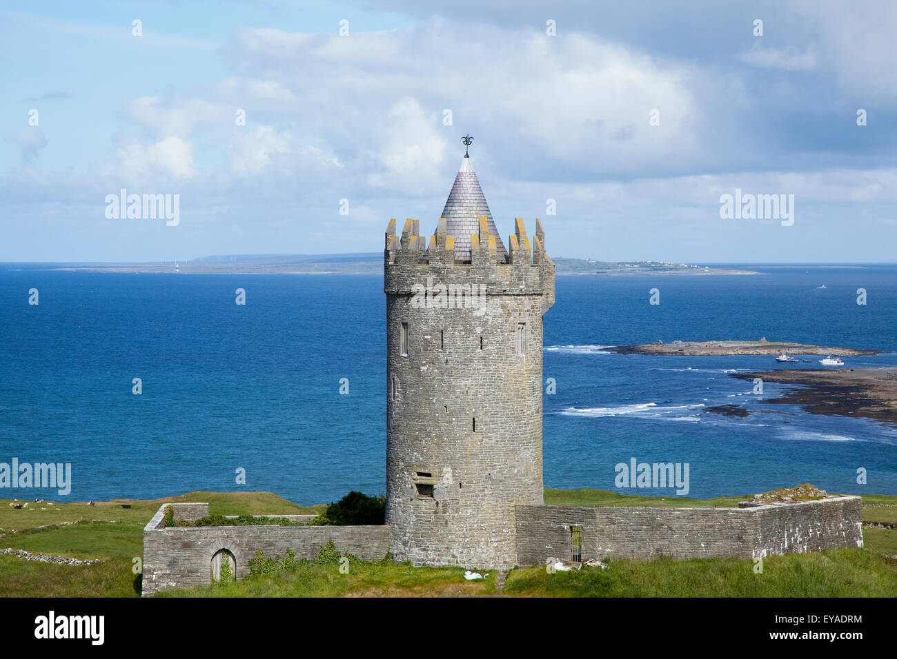 Doolin Castle And Harbour With Aran Islands In Background; County Clare ...