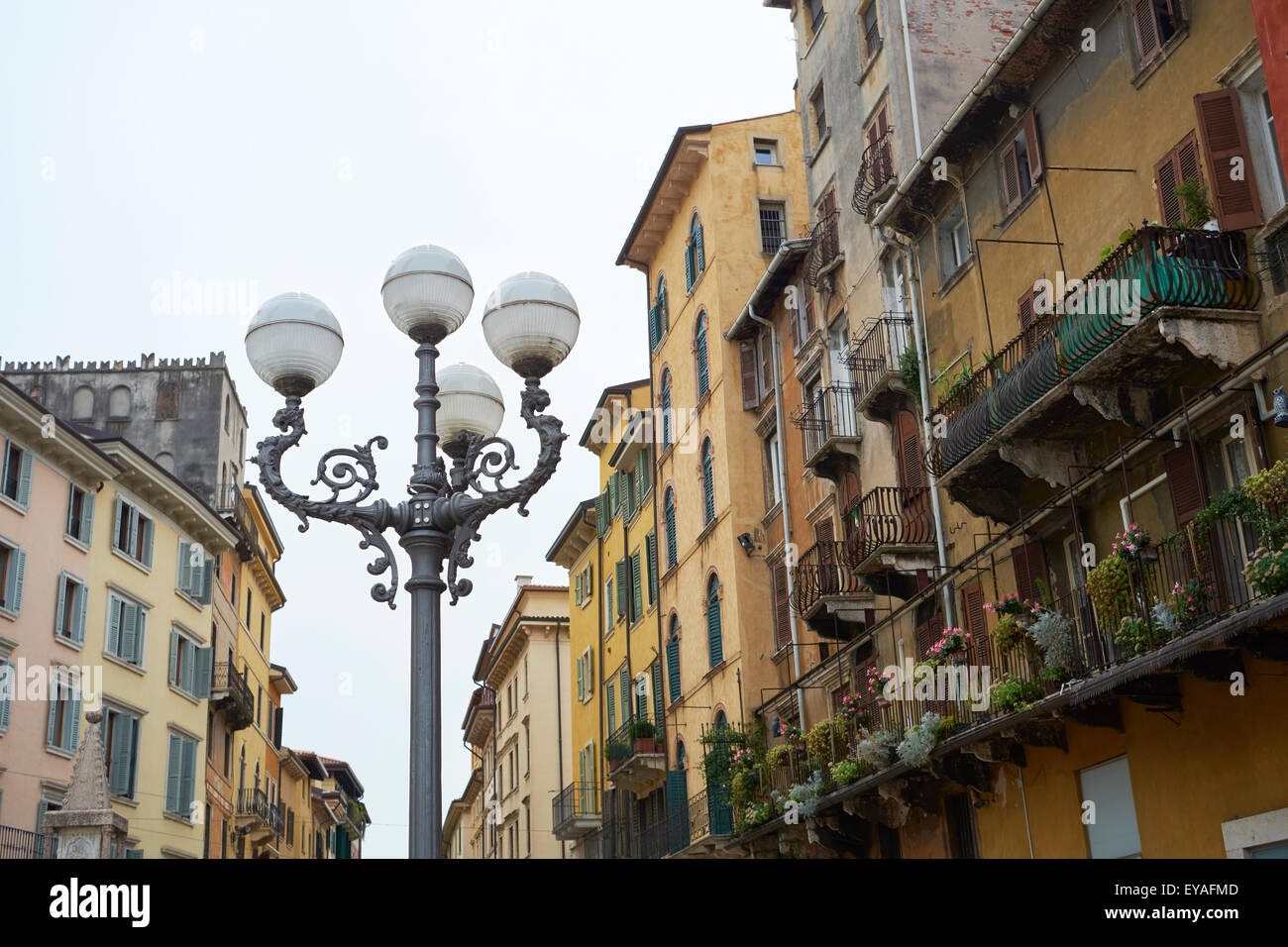 VERONA, ITALY - JULY 13: Low angle shot of lamp post in Piazza delle ...