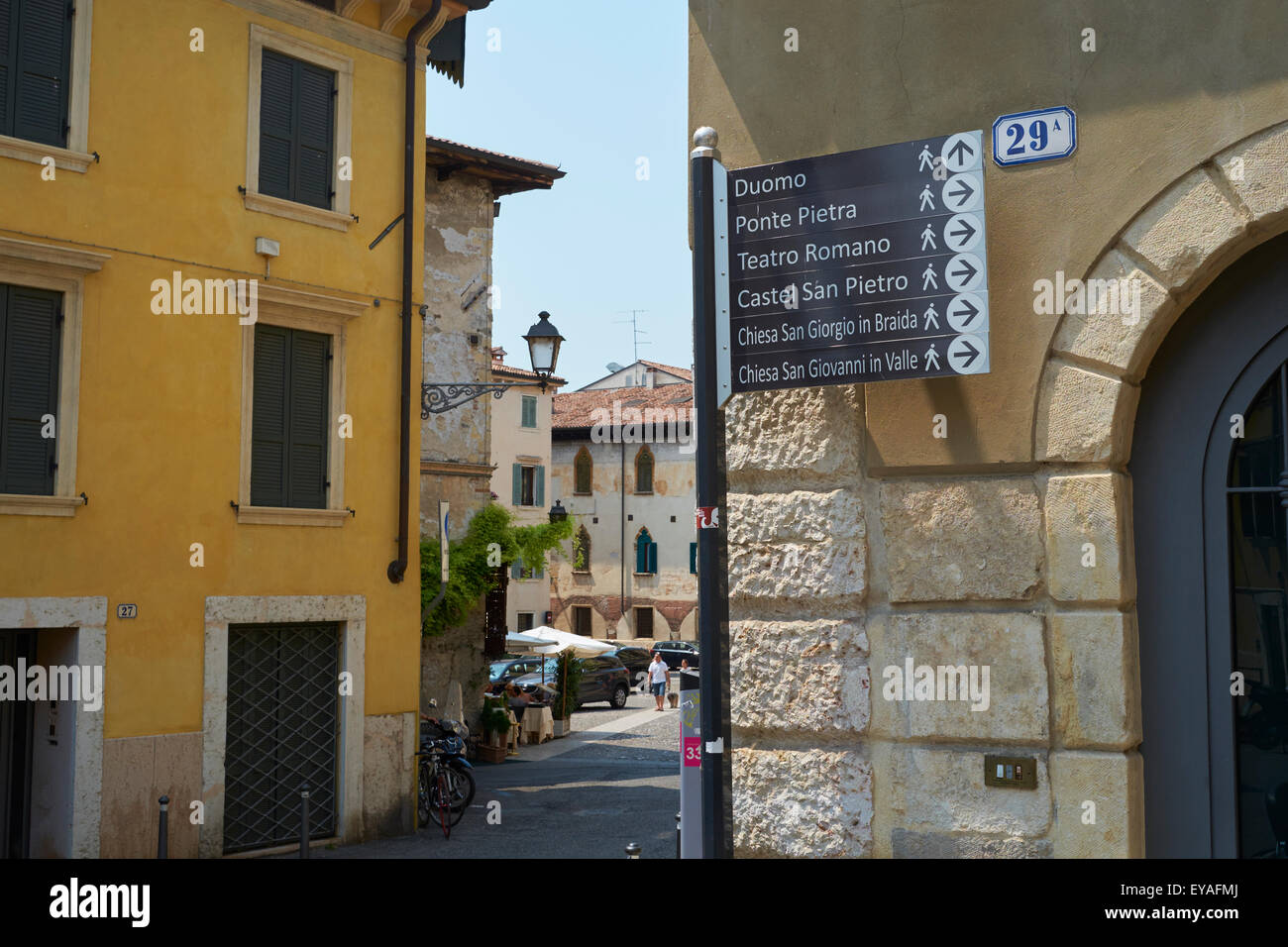 VERONA, ITALY - JULY 13: Direction signs near Ponte Pietra. July 13 ...