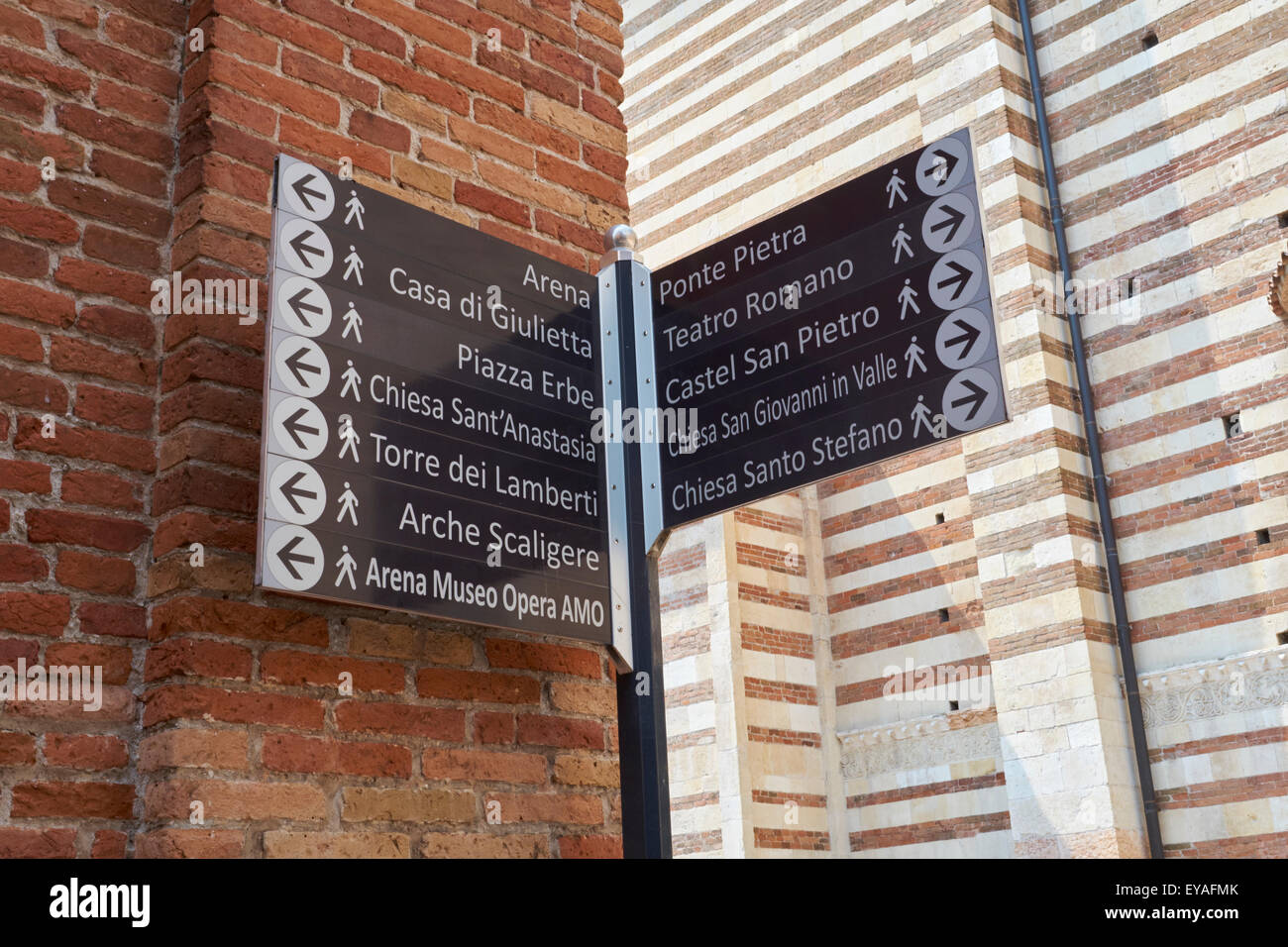VERONA, ITALY - JULY 13: Direction signs near Duomo cathedral. July 13 ...