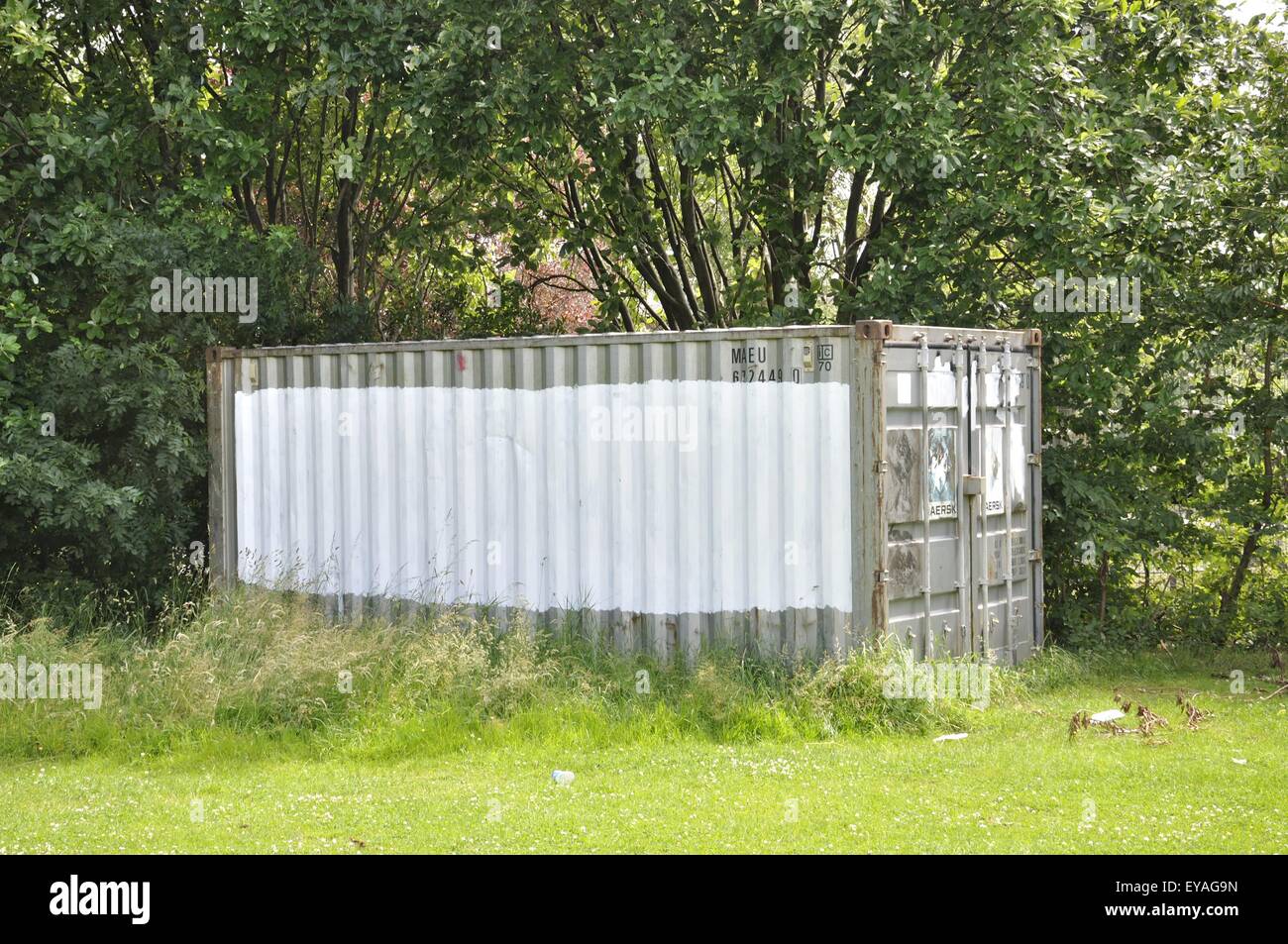 Maersk shipping container on grass field Stock Photo - Alamy