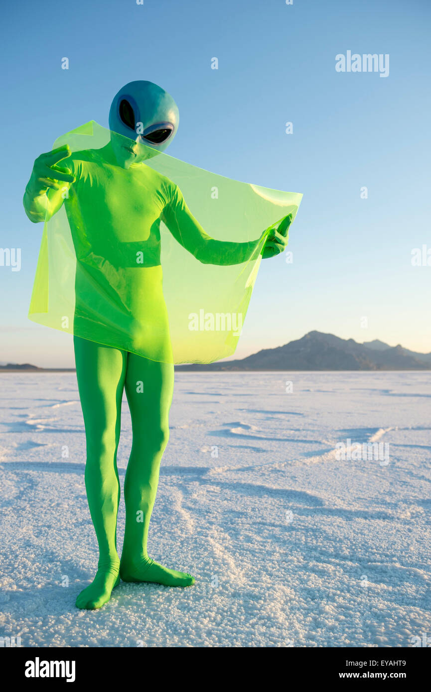 Green alien traveler in white desert lunar landscape reading electronic ...