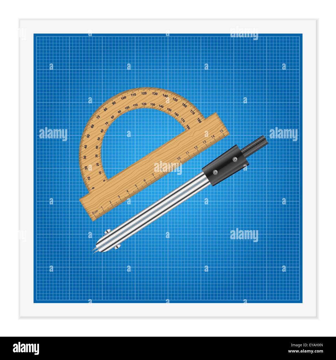 Blueprint and ruler instruments on a white background Stock Photo - Alamy