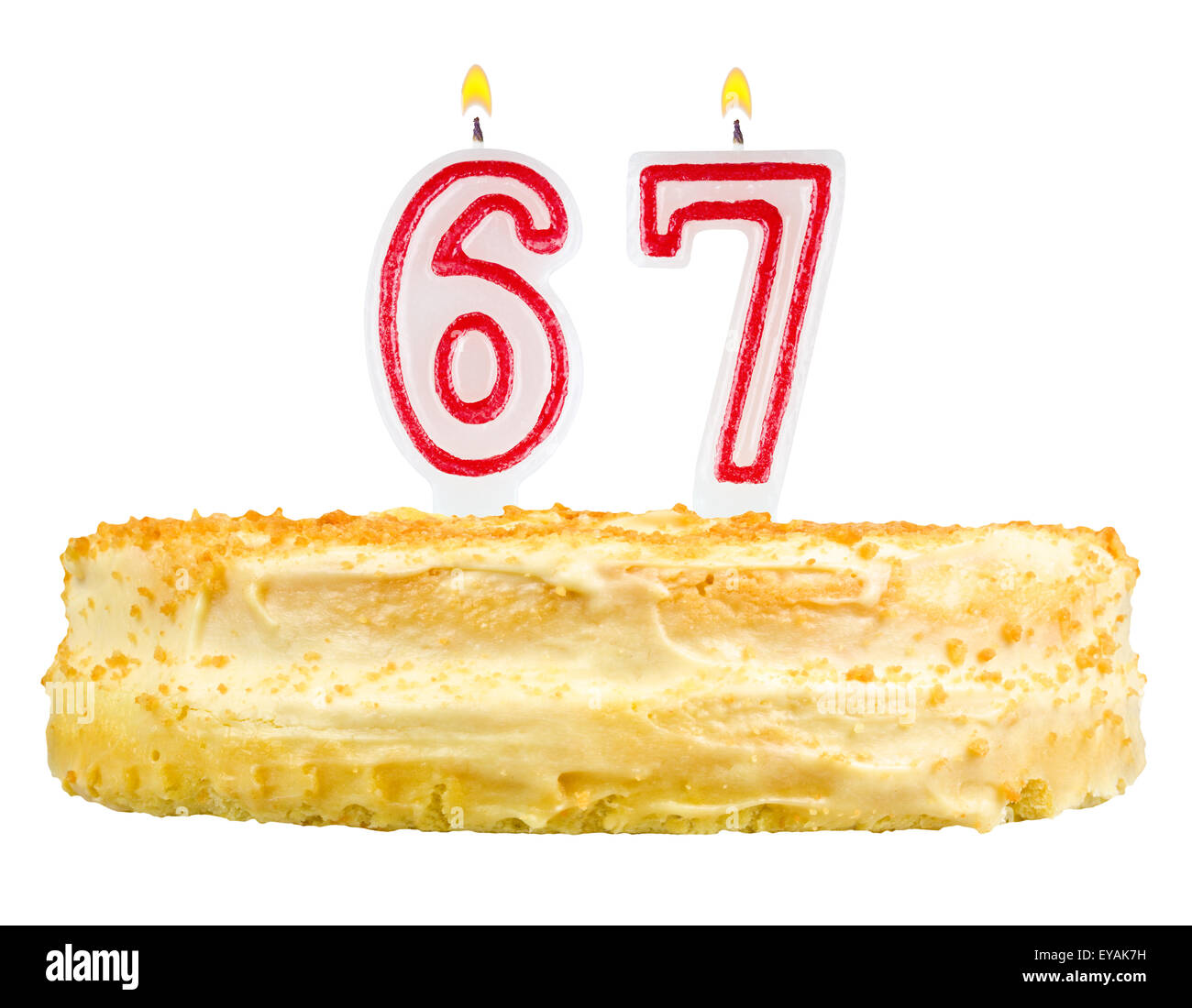 birthday cake with candles number sixty seven isolated on white ...