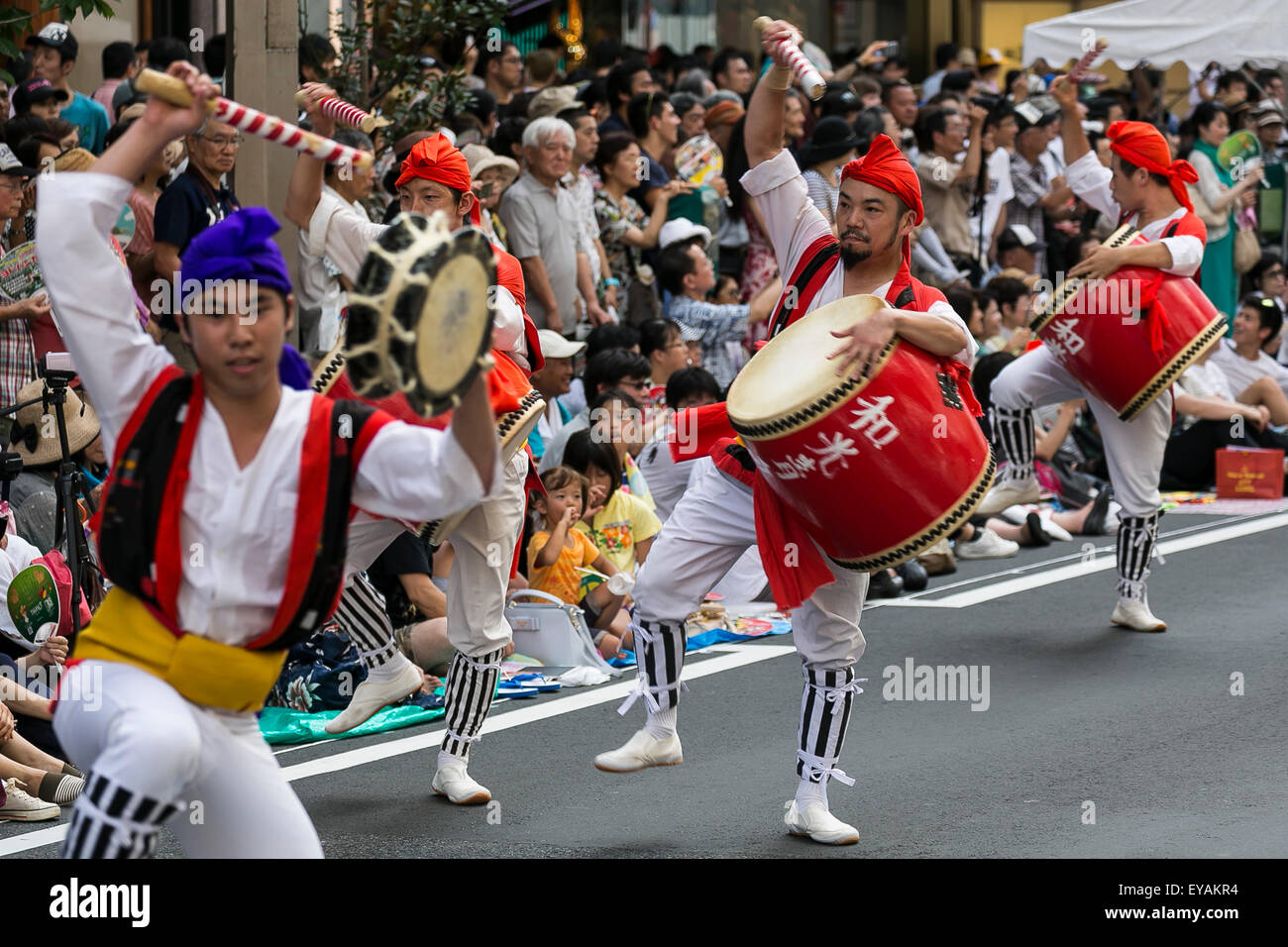 Shinjuku Station, Japan. 25th July, 2015. Eisa dancers perform during ...