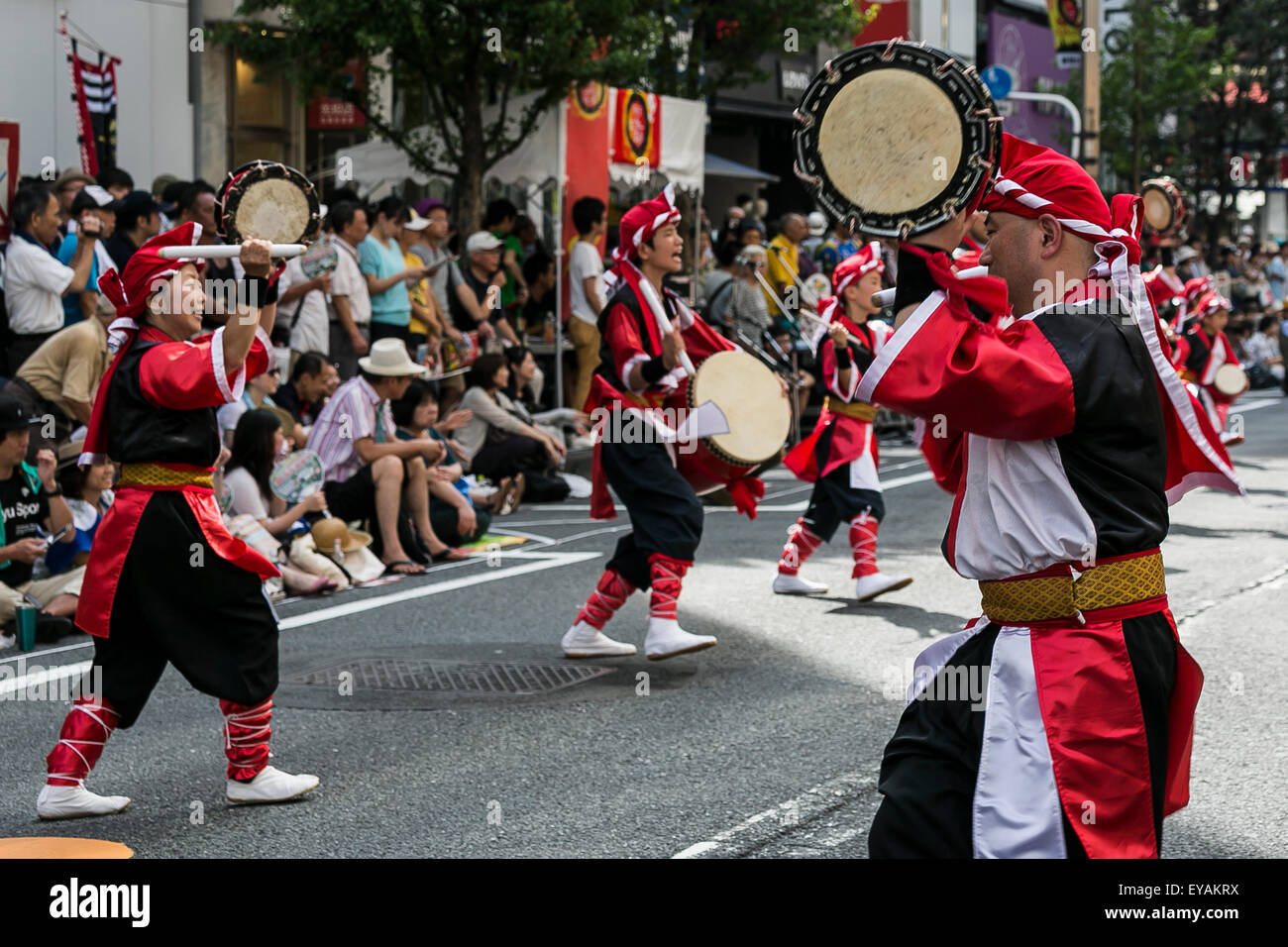 Shinjuku Station, Japan. 25th July, 2015. Eisa dancers perform during ...