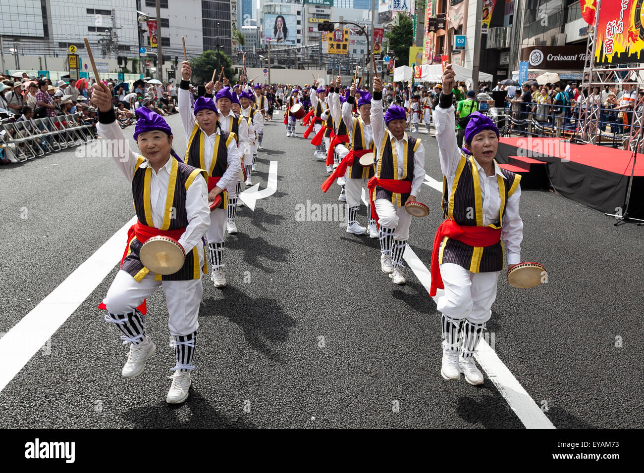 Shinjuku Station, Japan. 25th July, 2015. Eisa dancers perform during ...