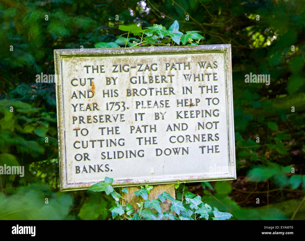 Sign at zig-zag path, made by Rev Gilbert White, Selborne, Hampshire ...