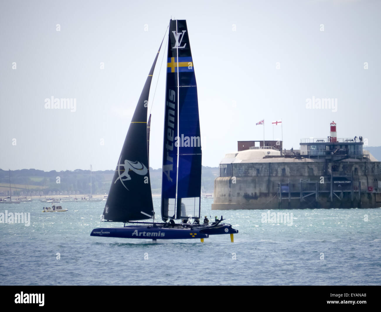 ortsmouth, England, July 25th 2015. The Team Artemis Catamaran rises ...