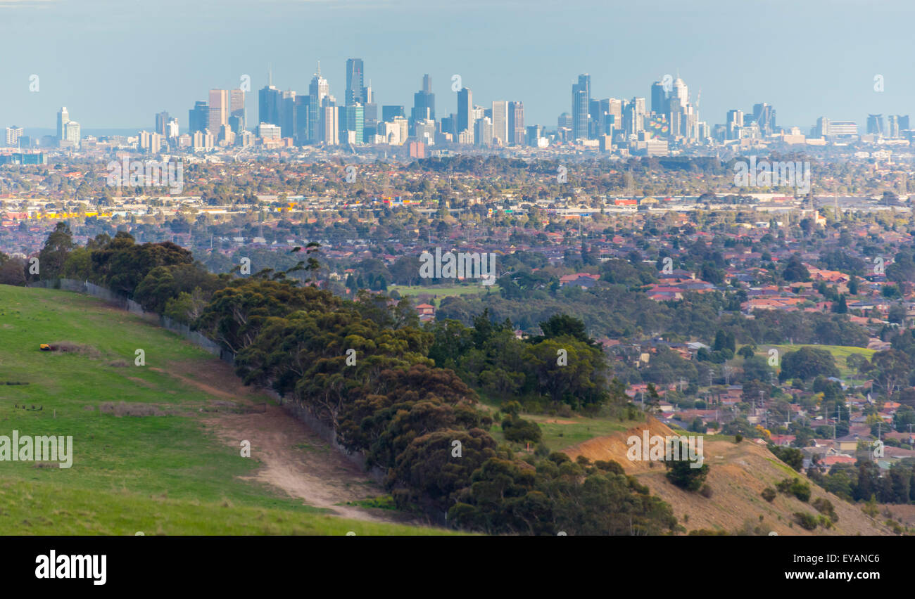 Melbourne Australia skyline at distance from South Morang North of ...