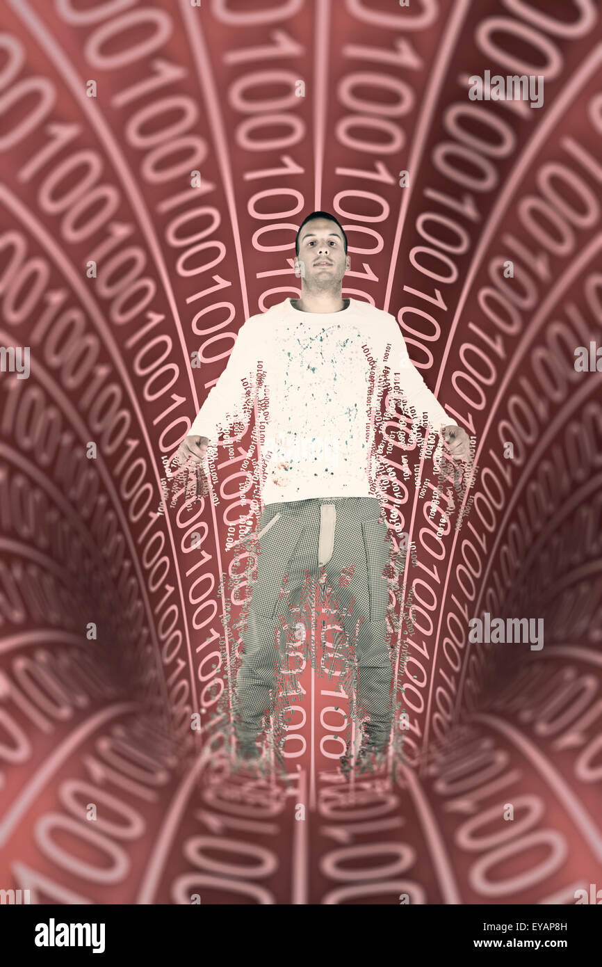 binary code man disintegrating against a technology background Stock Photo - Alamy