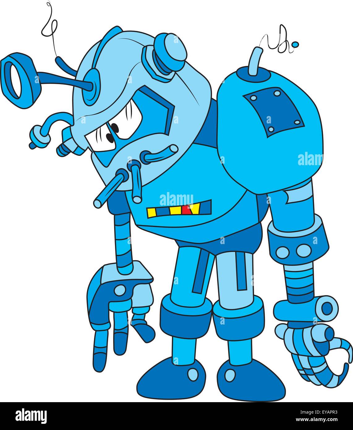 Vector illustration of broken blue brass robot character Stock Vector ...