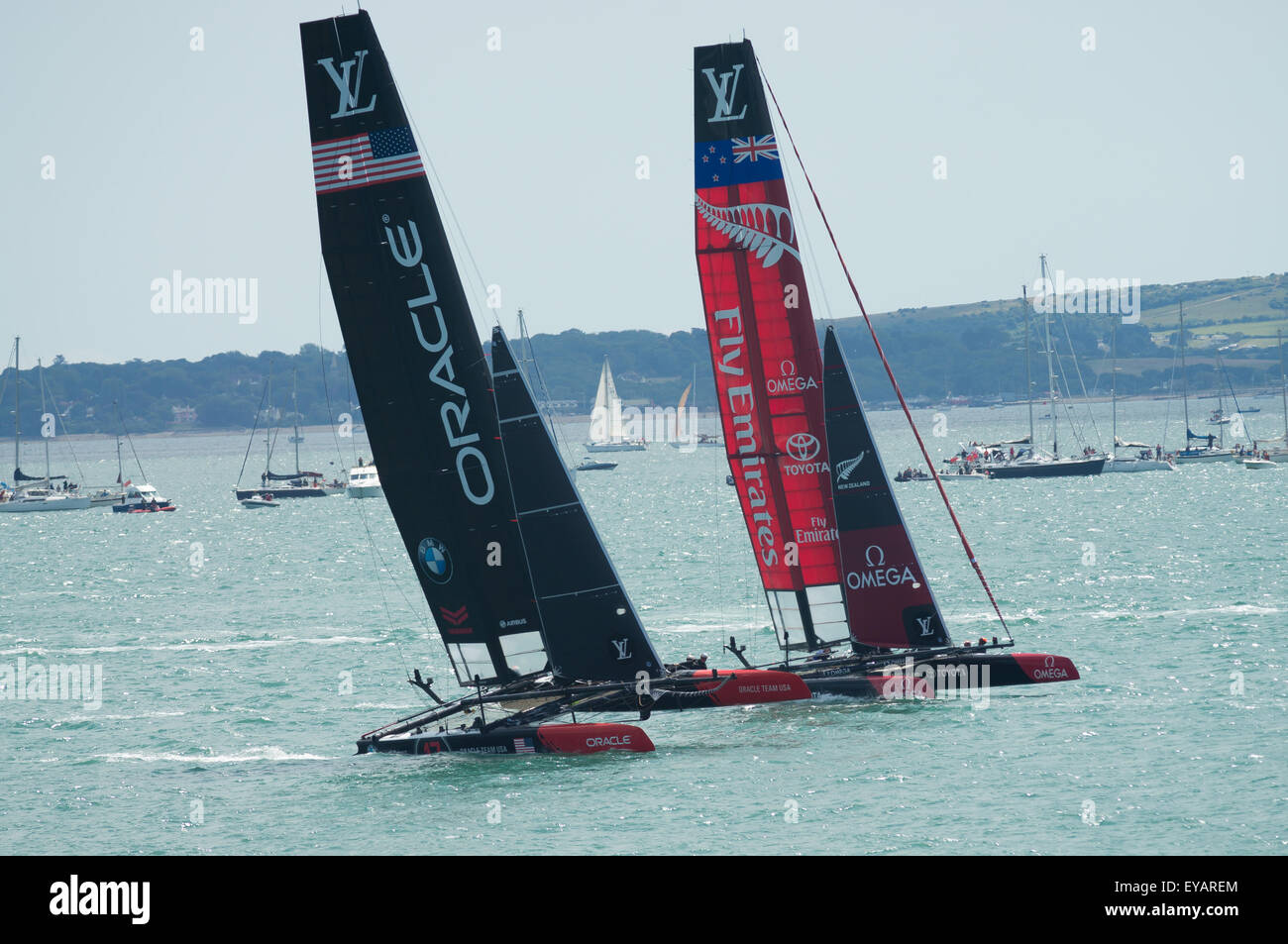 The Solent, UK. 25th July, 2015. Oracle Team USA races Emirates Team ...