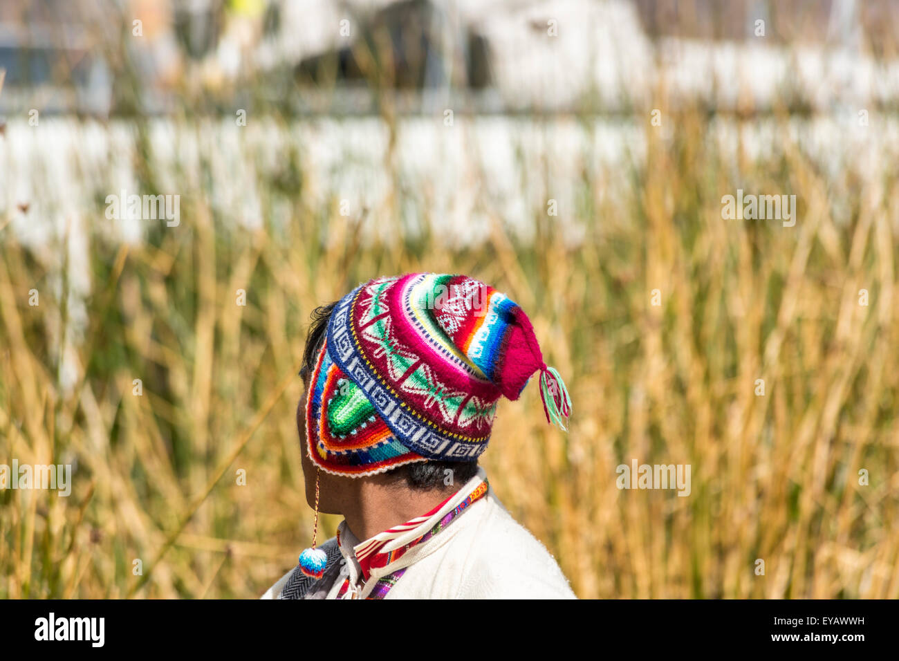 Floating Islands, Lake Titicaca, Puno, Peru - local man wearing a ...