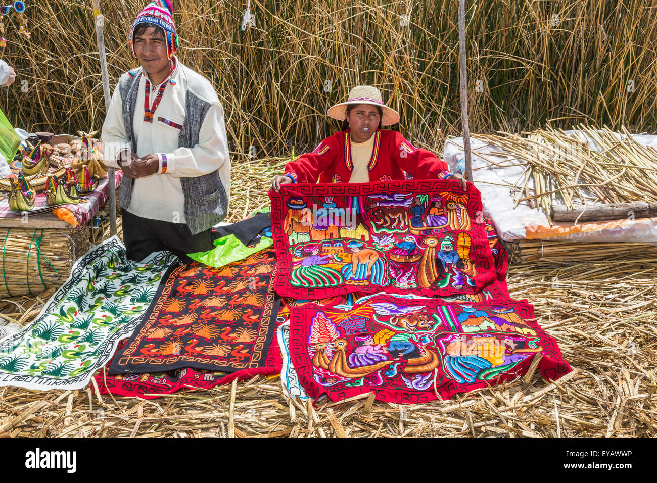 Floating Islands, Lake Titicaca, Puno, Peru. Local people selling ...