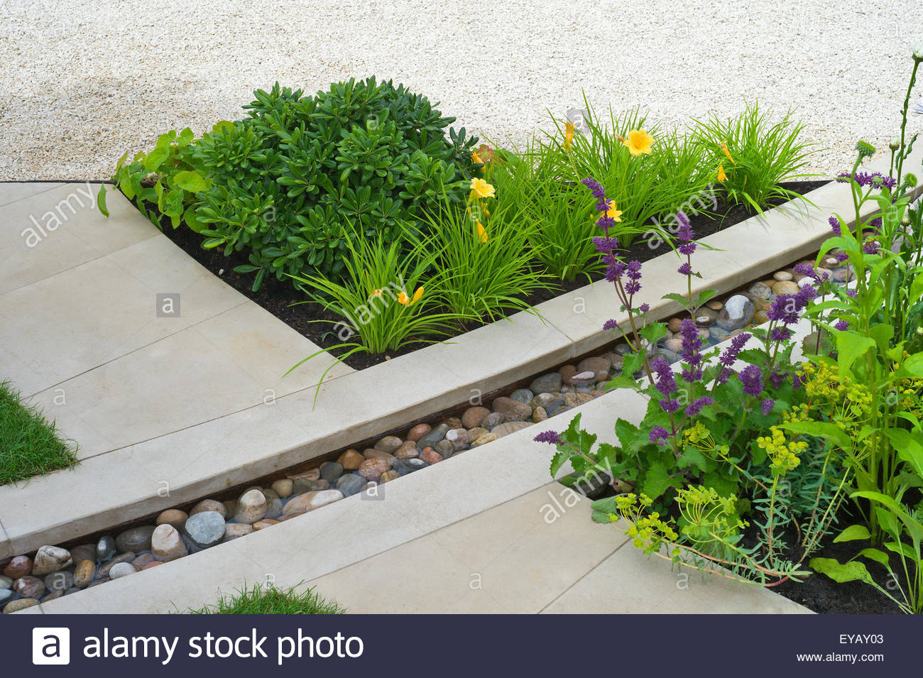 Garden detail of a rill of water and pebbles with stone paving and ...