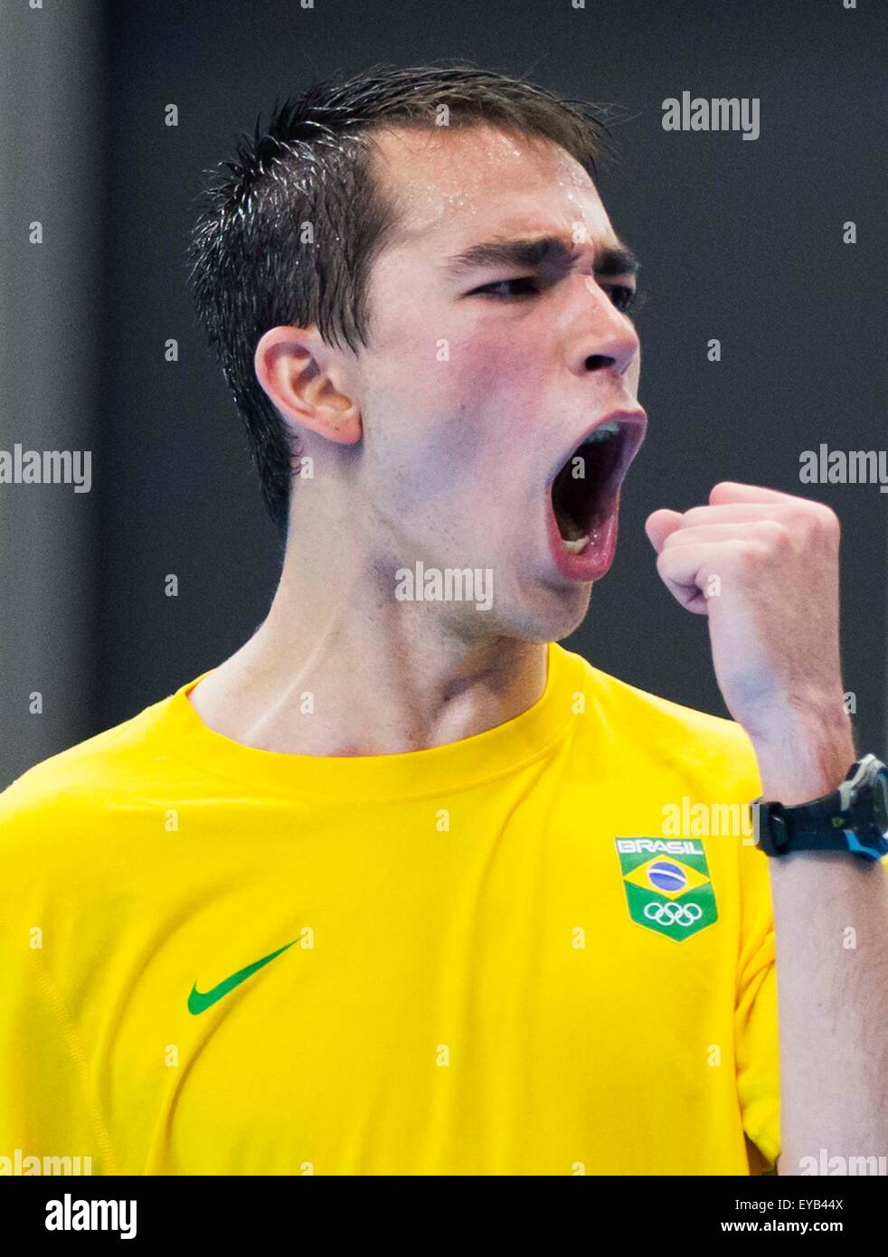 Toronto, Canada. 25th July, 2015. Hugo Calderano of Brazil celebrates ...
