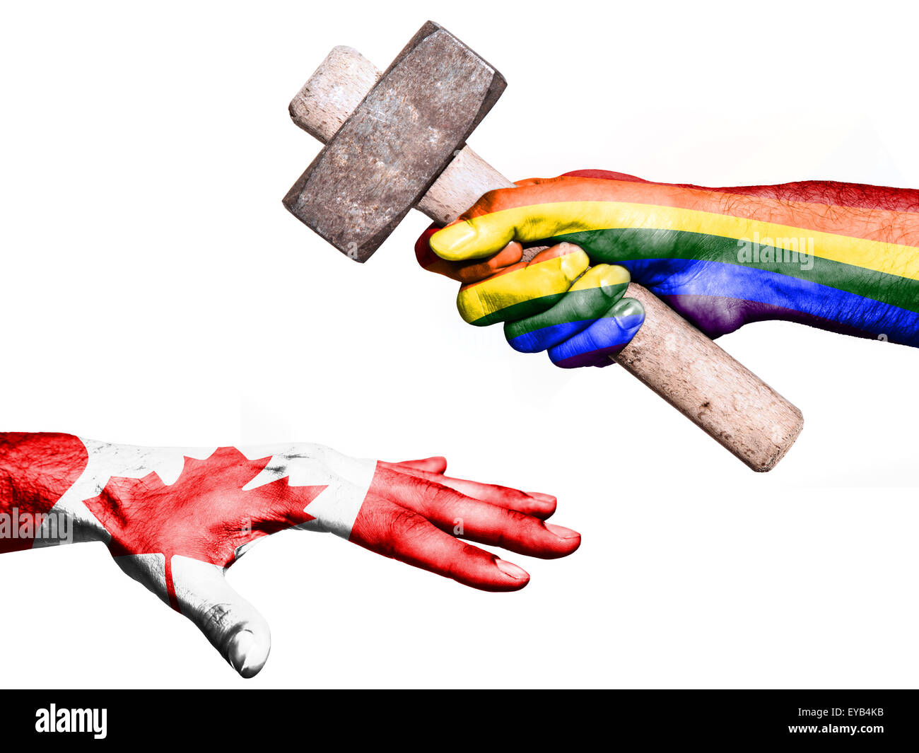 Flag of Peace overprinted on a hand holding a heavy hammer hitting a ...