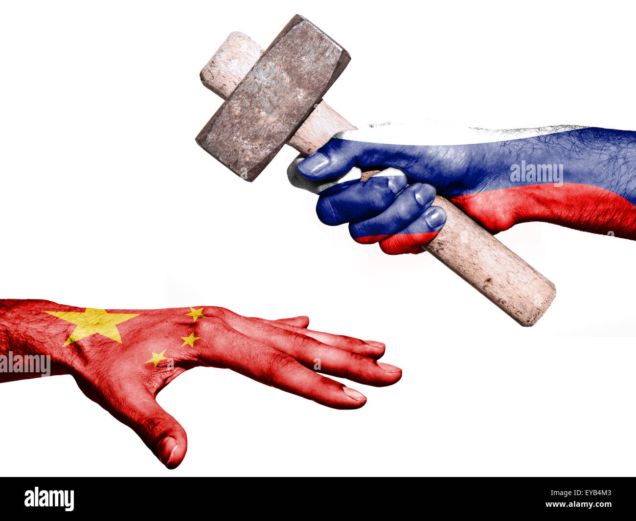 Flag of Russia overprinted on a hand holding a heavy hammer hitting a ...