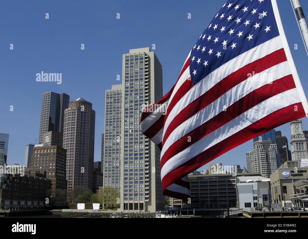 Stars and Stripes flying in front of the Boston Waterfront, Boston ...