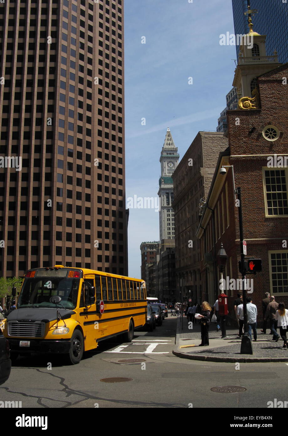 School Bus passing The Old State House, Boston, Massachusetts in the ...