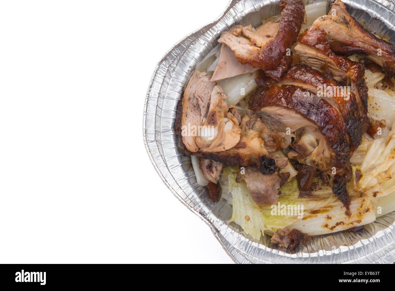top view lunch box of roasted duck on white with clipping path and copy ...