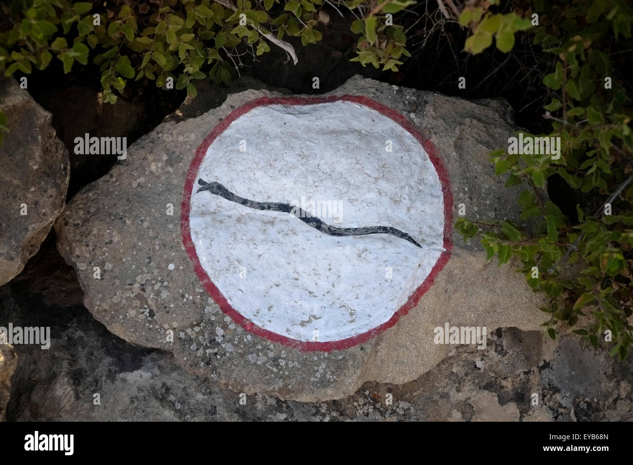 A painted sign in a rock with a figure of snake warning snakes at ...