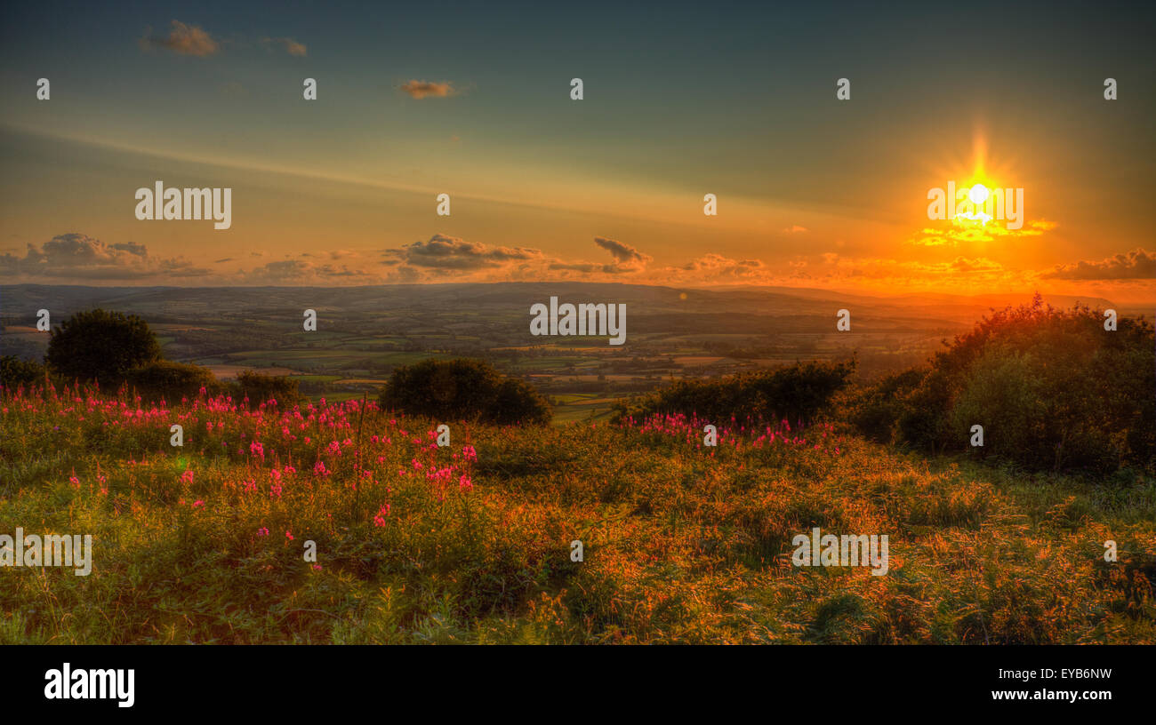 Sunset Somerset countryside England UK view from Quantocks Hills to ...