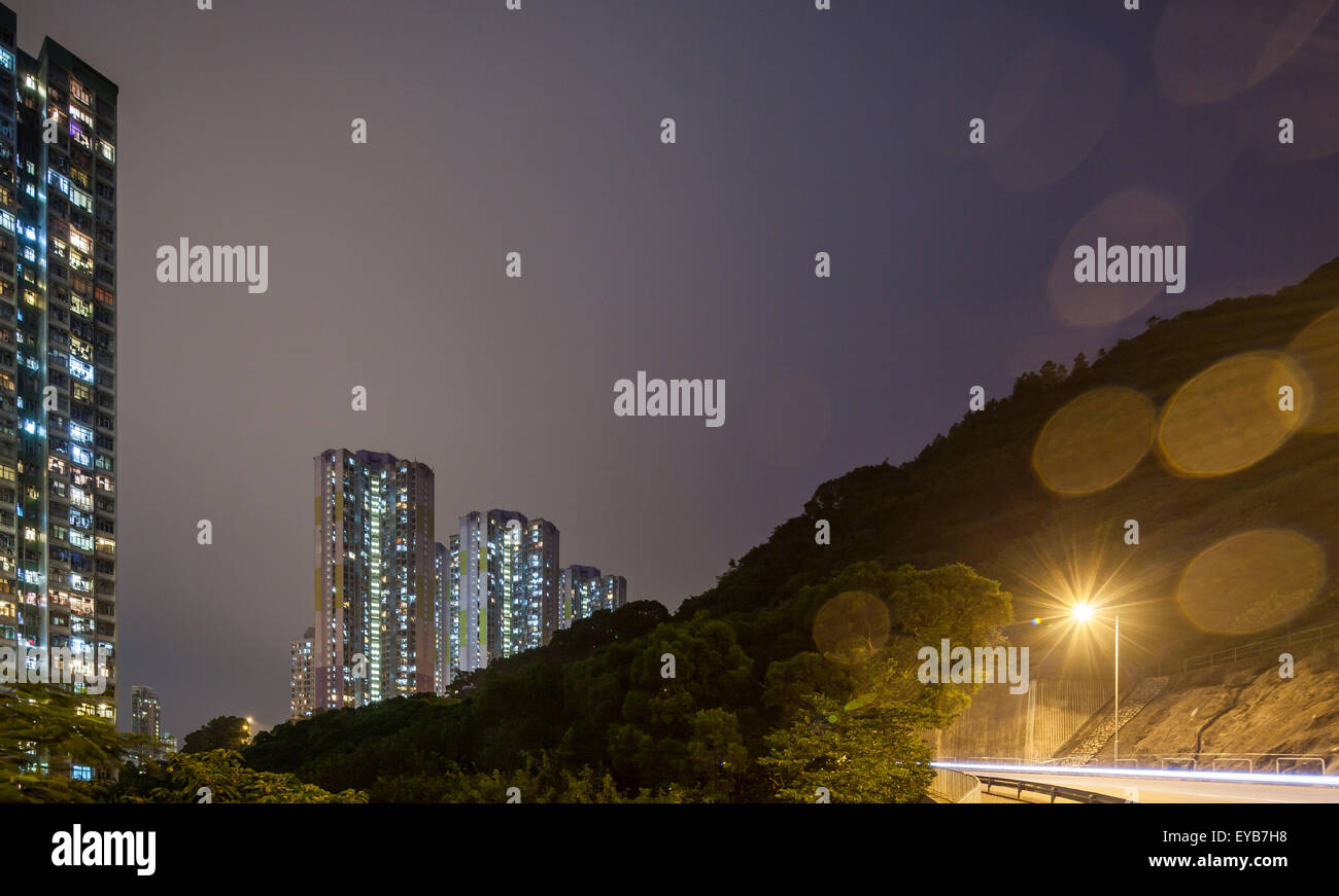 Views looking over the densely populated area of Sai Wan Ho at night ...
